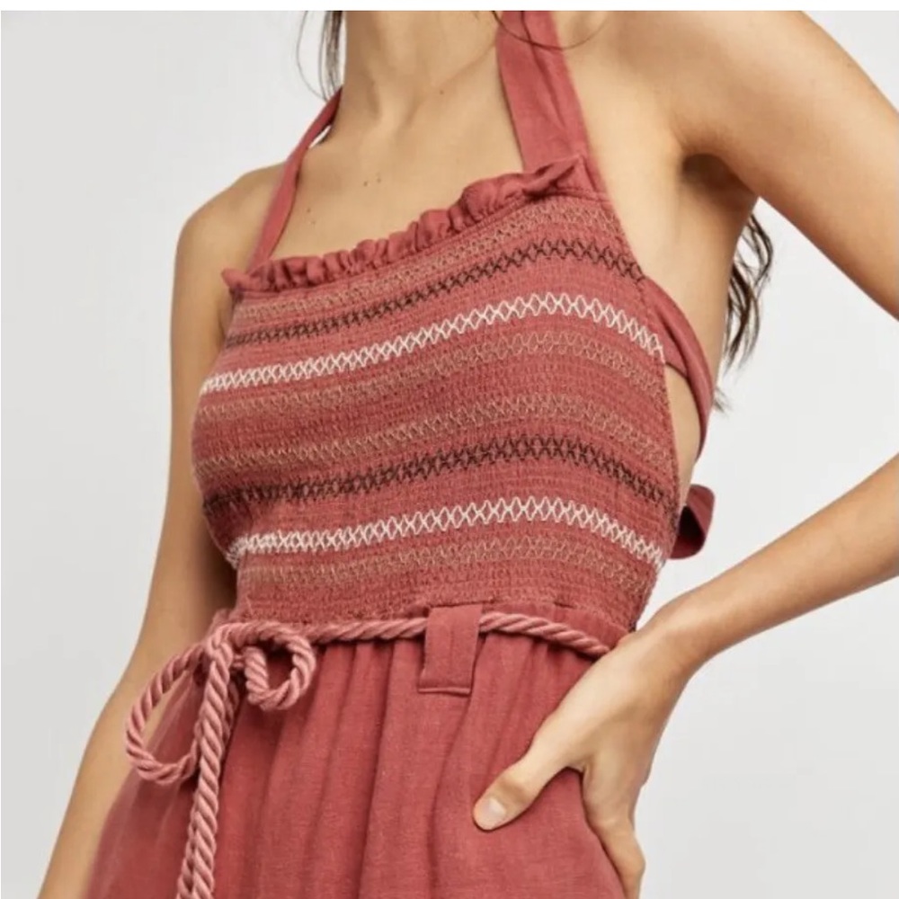 Free People Sienna Smocked Jumpsuit Bodice Rope Belte… - Gem